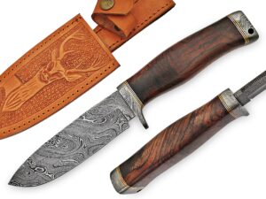 sfg - 11" fixed blade hunting knife, damascus steel blade, non-slip walnut wood handle, lanyard hole, leather pouch, hunting, camping, backpacking, fishing, unique gift item for men