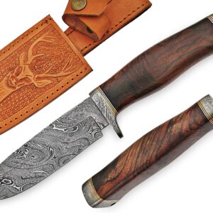 SFG - 11" Fixed Blade Hunting Knife, Damascus Steel Blade, Non-Slip Walnut Wood Handle, Lanyard Hole, Leather Pouch, Hunting, Camping, Backpacking, Fishing, Unique Gift Item For Men