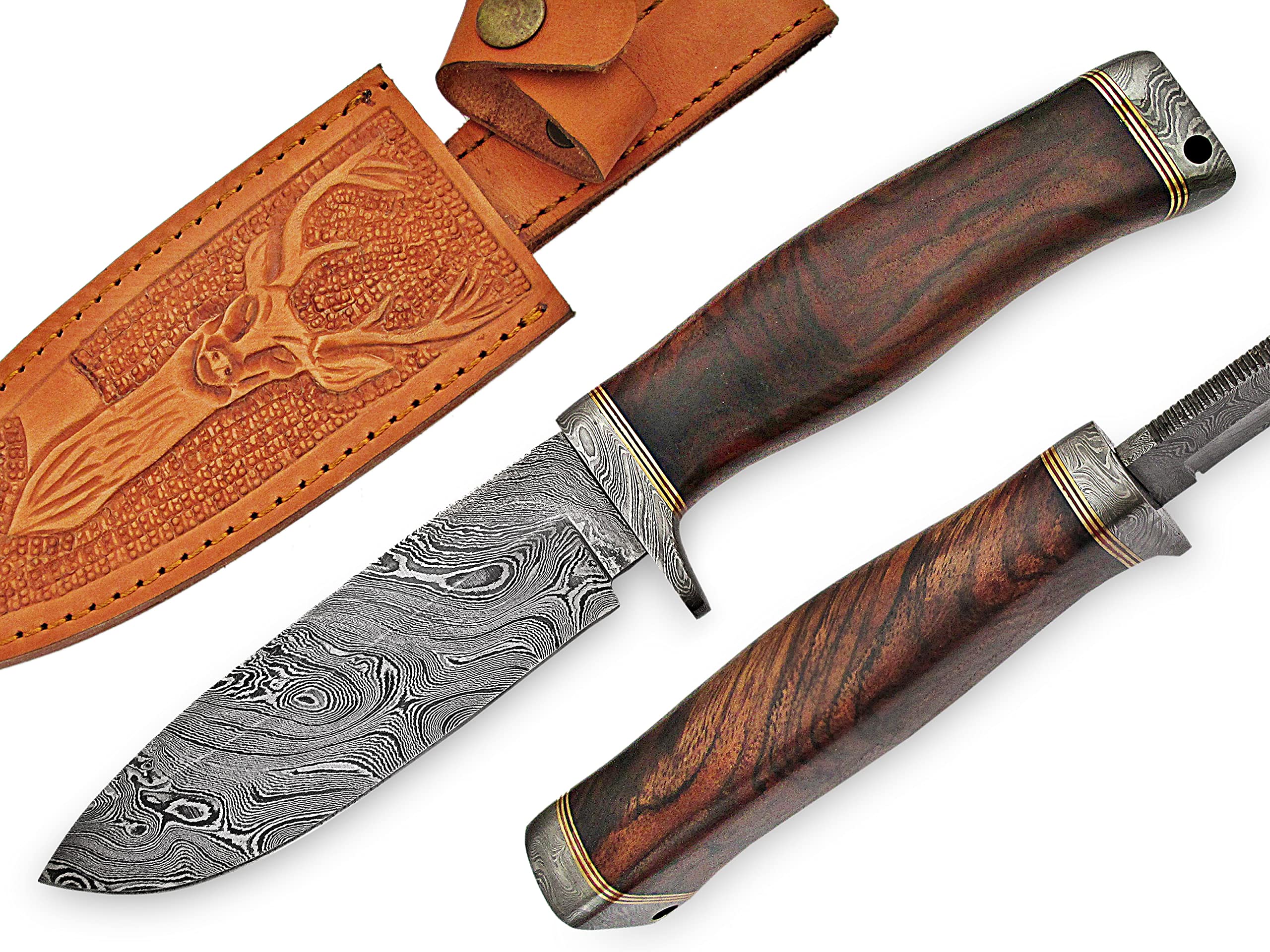 SFG - 11" Fixed Blade Hunting Knife, Damascus Steel Blade, Non-Slip Walnut Wood Handle, Lanyard Hole, Leather Pouch, Hunting, Camping, Backpacking, Fishing, Unique Gift Item For Men