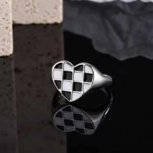 Izpack Plaid Love Heart Open Stacking Ring Black and White Checkered Enamel Heart Adjustable Chunky Bands Wedding Valentine's Day Promise Eternity Finger Rings for Women Brides Fashion Jewelry