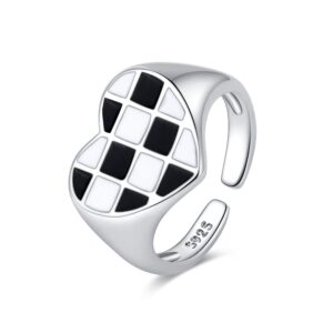 izpack plaid love heart open stacking ring black and white checkered enamel heart adjustable chunky bands wedding valentine's day promise eternity finger rings for women brides fashion jewelry