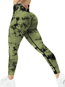 senban women scrunch workout leggings: butt lifting high waisted yoga pants - tie dye seamless booty gym leggings army green m