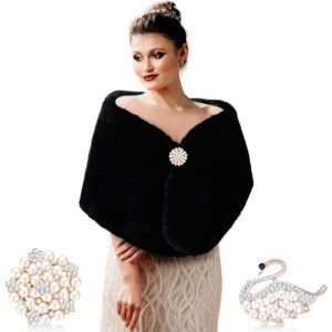 jadive women's faux fur shawl wrap fake fur stoles scarf shrug bridal winter wedding evening dress with 2 rhinestone brooches(black, classic, classic)