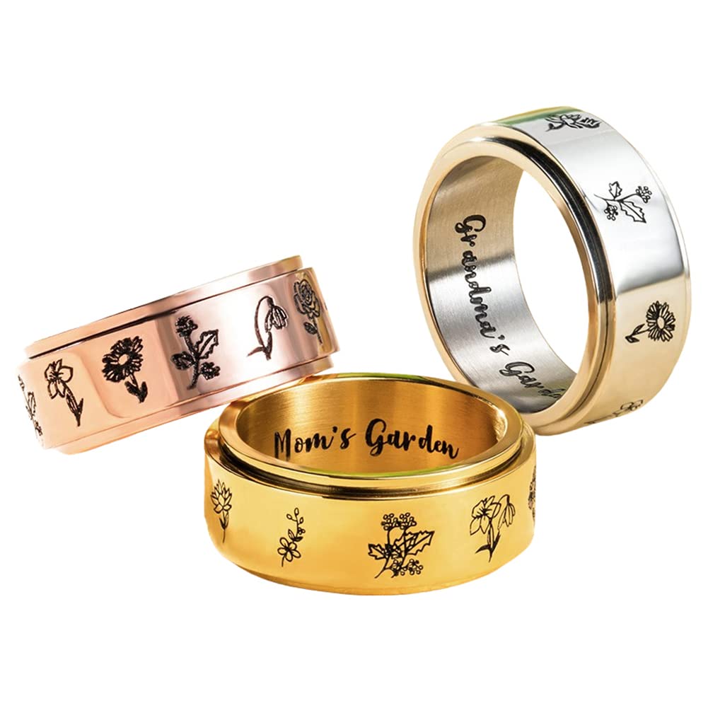 Custom Engraved Birth Flower Rings for Women Mothers 360 Rotating Spinner Ring Stainless Steel Personalized 1-13 Birth Month Flowers Ring for Her Mom Grandma Gift Fidget Rings Anxiety Worry Rings