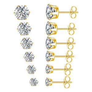 18k gold plated stainless steel stud earrings set 6 pairs, sparkly aaaaa+ cubic zirconia earring stud earrings set for women and men hypoallergenic