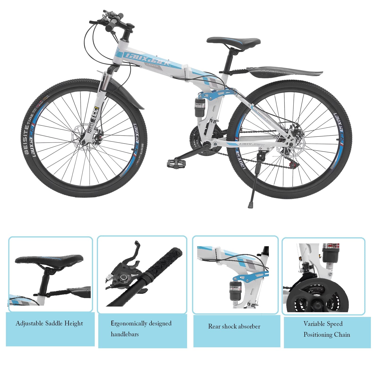 CNCEST 26" Mountain Bike,Folding Bicycle for Women and Men,Front and Rear Disc Brakes,21 Speed Changes,Full Suspension,Adjustable Saddle 80-95cm/ 31.5-37.4in