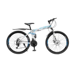 flyhero folding mountain bike, 26" womens 21-speed mountain folding bike, carbon steel frame mountain bike, with dual-disc brake, blue&white