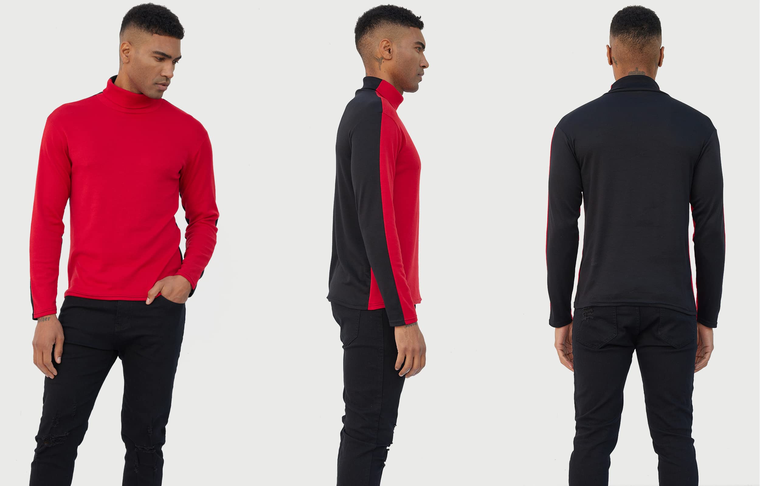 Men Slim Fit Lightweight Long Sleeve Pullover Top Turtleneck T-Shirt(Red & Black,2XL)