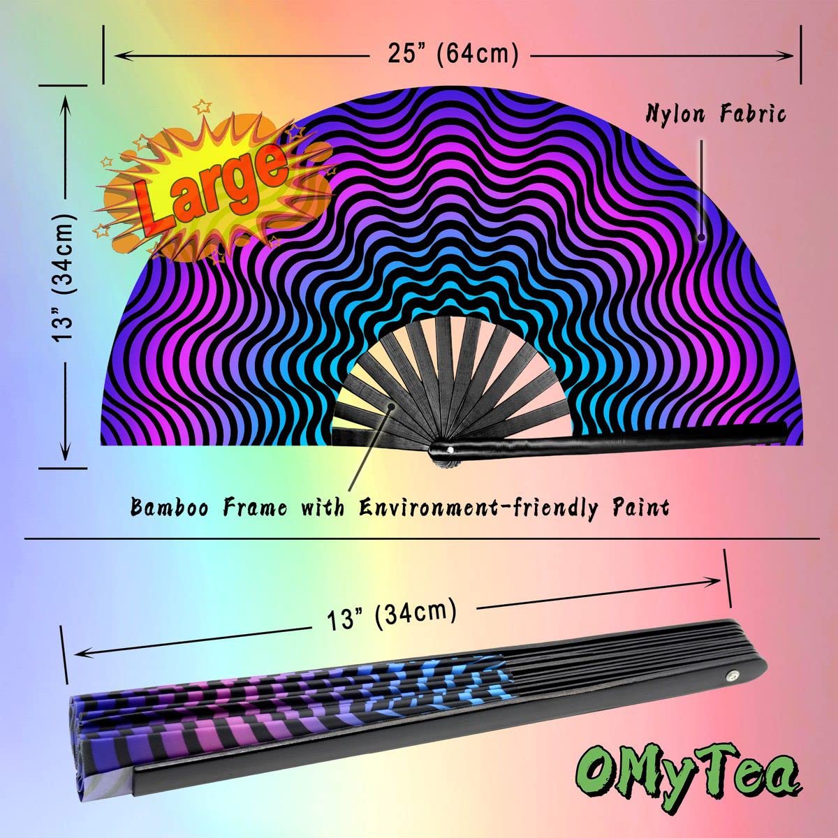 OMyTea Rave Hand Fan Foldable for Women/Men/Drag Queen - Large Clack Festival Folding Hand Fan - for EDM, Music Festival, Event, Party, Dance, Performance (Neon Trippy)