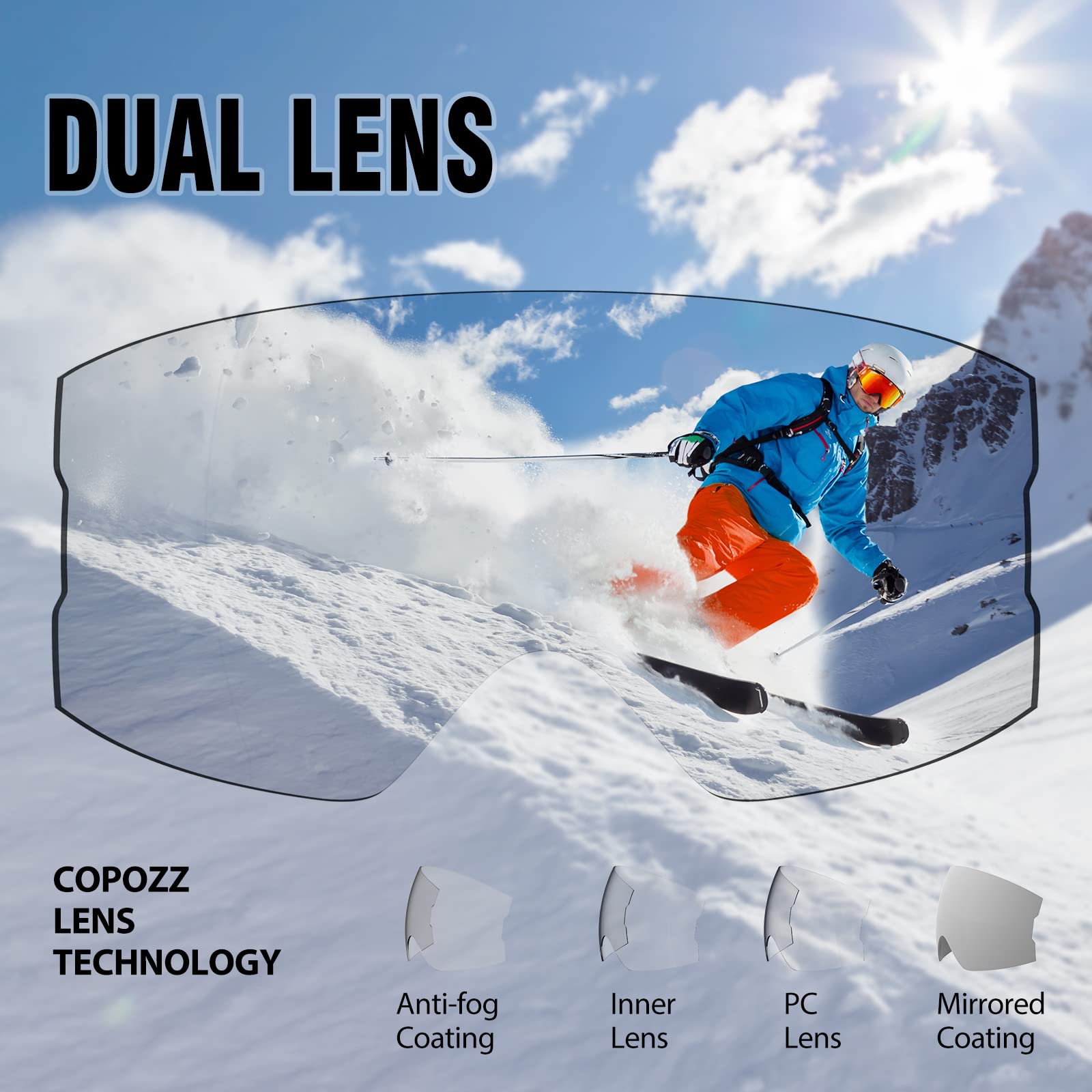 COPOZZ Magnetic Snowboard Goggles OTG - Adult Ski Glasses Snow Goggle, Frameless, Interchangeable Lens, 100% UV Protection