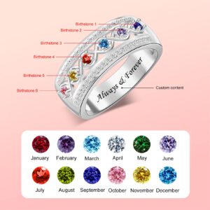 BAUMA AUTO Custom Mother Ring with 1-6 Birthstones & Engraving Text Personalized Birthstone Rings for Women Mother Family Rings Ideal Jewelry Gifts for Mom Wife Daughter (6 Birthstones)