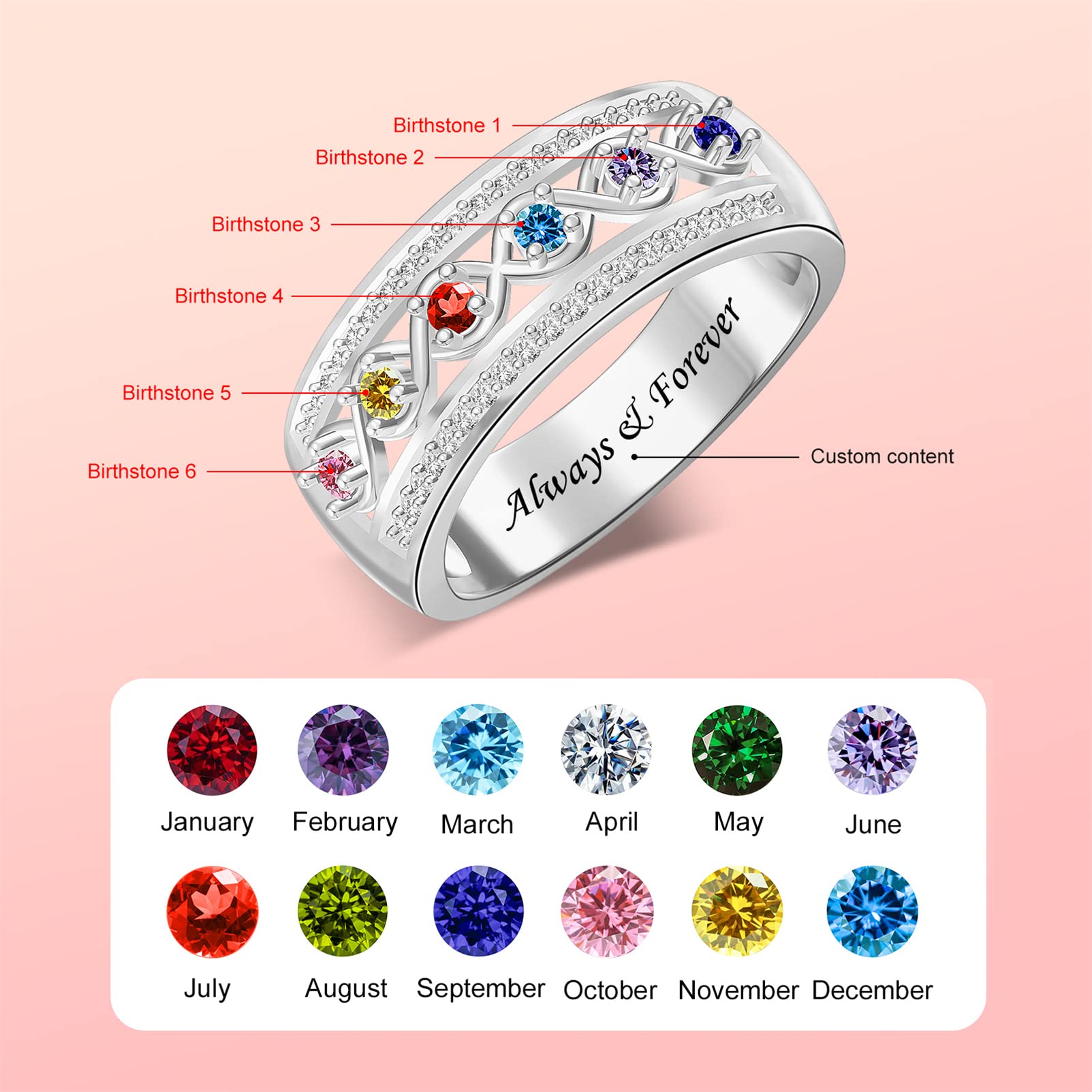 BAUMA AUTO Custom Mother Ring with 1-6 Birthstones & Engraving Text Personalized Birthstone Rings for Women Mother Family Rings Ideal Jewelry Gifts for Mom Wife Daughter (6 Birthstones)