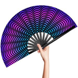 omytea rave hand fan foldable for women/men/drag queen - large clack festival folding hand fan - for edm, music festival, event, party, dance, performance (neon trippy)