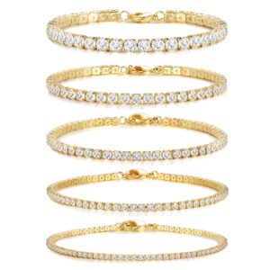 5 pcs gold bracelets for women teen girls, 14k real gold plated adjustable cubic zirconia dainty tennis anklet bracelets pack, classic bracelets aesthetic jewelry for gift