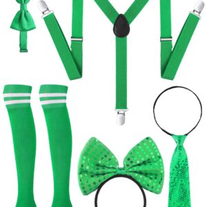 5 Pcs St Patrick' S Day Costume Accessories Set Includes Green High Socks Green Bow Headband Y Shape Suspenders Neck Tie Gree Bow Tie for Women Men St.Patrick's Day Decoration Party Supplies