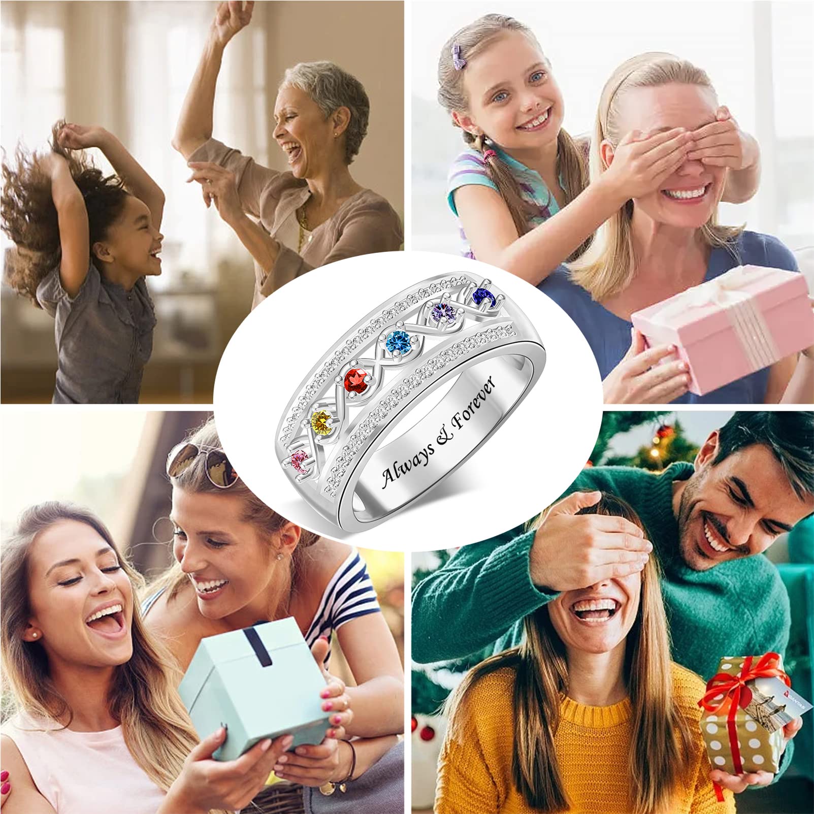 BAUMA AUTO Custom Mother Ring with 1-6 Birthstones & Engraving Text Personalized Birthstone Rings for Women Mother Family Rings Ideal Jewelry Gifts for Mom Wife Daughter (6 Birthstones)