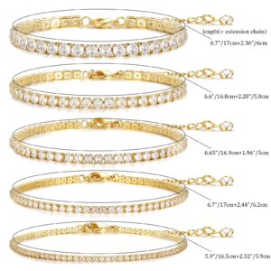 5 PCS Gold Bracelets for Women Teen Girls, 14K Real Gold Plated Adjustable Cubic Zirconia Dainty Tennis Anklet Bracelets Pack, Classic Bracelets Aesthetic Jewelry for Gift