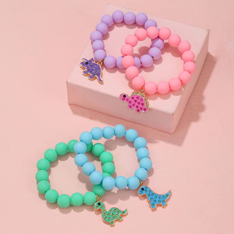 Colorful Enamel Dinosaur Charm Acrylic Beaded Strand Bracelet Set Round Beads for Women Cute Friendship Best Friend Preppy Y2k Party Jewelry-4pcs Dinosaurs