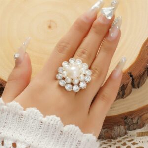 Dtja Rhinestone Pearl Flower Statement Wedding Ring for Women Vintage CZ Crystal Faux Pearls Cluster Adjustable Open Wrap Rings Christmas Birthday Cocktail Party Jewelry Gold Plated