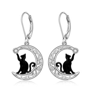 black cat earrings for women sterling silver 925 kitty cat moon earrings dangle jewelry hypoallergenic leverback cute valentines christmas gifts