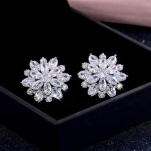 luxury full diamond sun flower earrings, 925 zircon wedding party bridal earrings, highlight the temperament earrings for party, christmas decorations gift for womens (white)