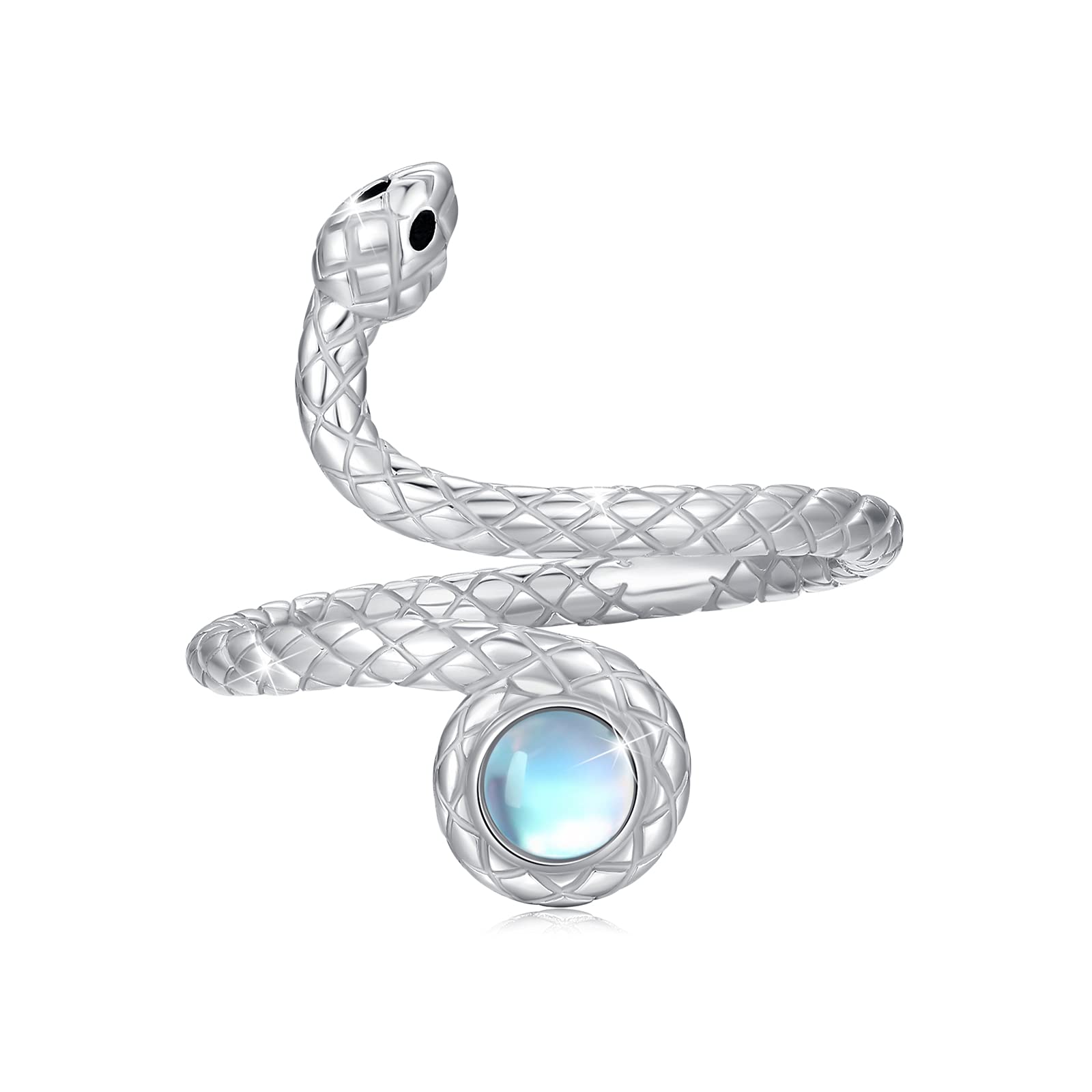 AOVEAO Snake Rings 925 Sterling Silver Opening Wrap Adjustable Size Rainbow Moonstone Ring Spoon Serpent Ring for Snake Lover Goth Cool Dainty Jewelry for Women