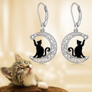 Black Cat Earrings For Women Sterling Silver 925 Kitty Cat Moon Earrings Dangle Jewelry Hypoallergenic Leverback Cute Valentines Christmas Gifts