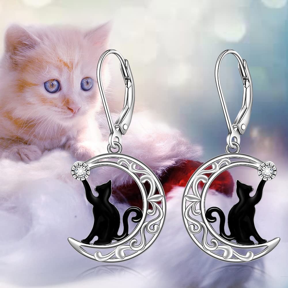 Black Cat Earrings For Women Sterling Silver 925 Kitty Cat Moon Earrings Dangle Jewelry Hypoallergenic Leverback Cute Valentines Christmas Gifts