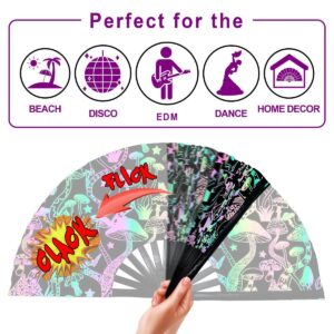 OMyTea Reflective Rave Hand Fan Foldable for Women/Men/Drag Queen - Large Clack Festival Folding Hand Fan - for EDM, Music Festival, Event, Party, Dance, Performance (Mushroom)