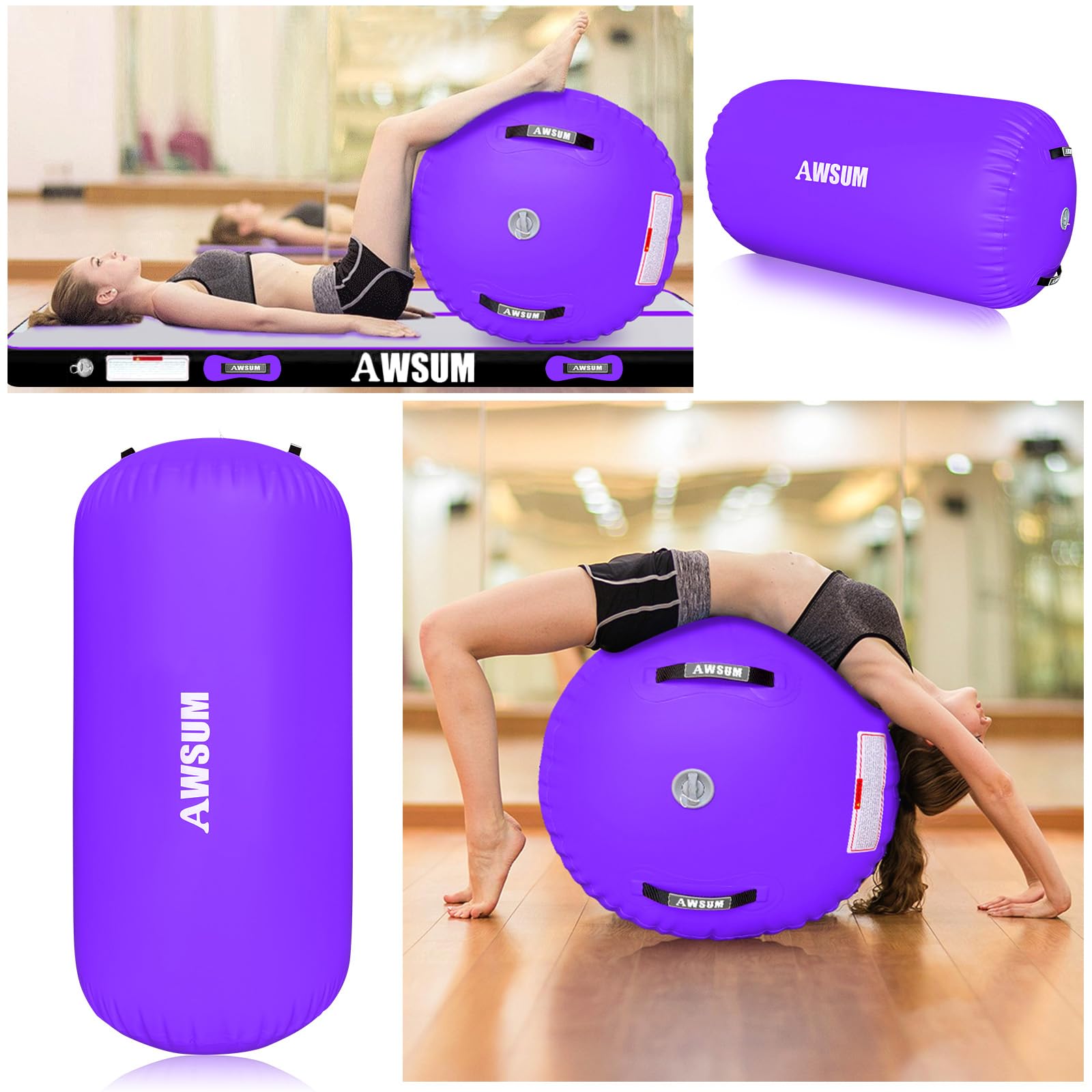 AWSUM 4ft L x 3ft Diam Gymnastics Air Roller Tumbling Mat Barrel Backbend Trainer for Gym Inflatable equipment with Electric Pump