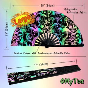 OMyTea Reflective Rave Hand Fan Foldable for Women/Men/Drag Queen - Large Clack Festival Folding Hand Fan - for EDM, Music Festival, Event, Party, Dance, Performance (Mushroom)