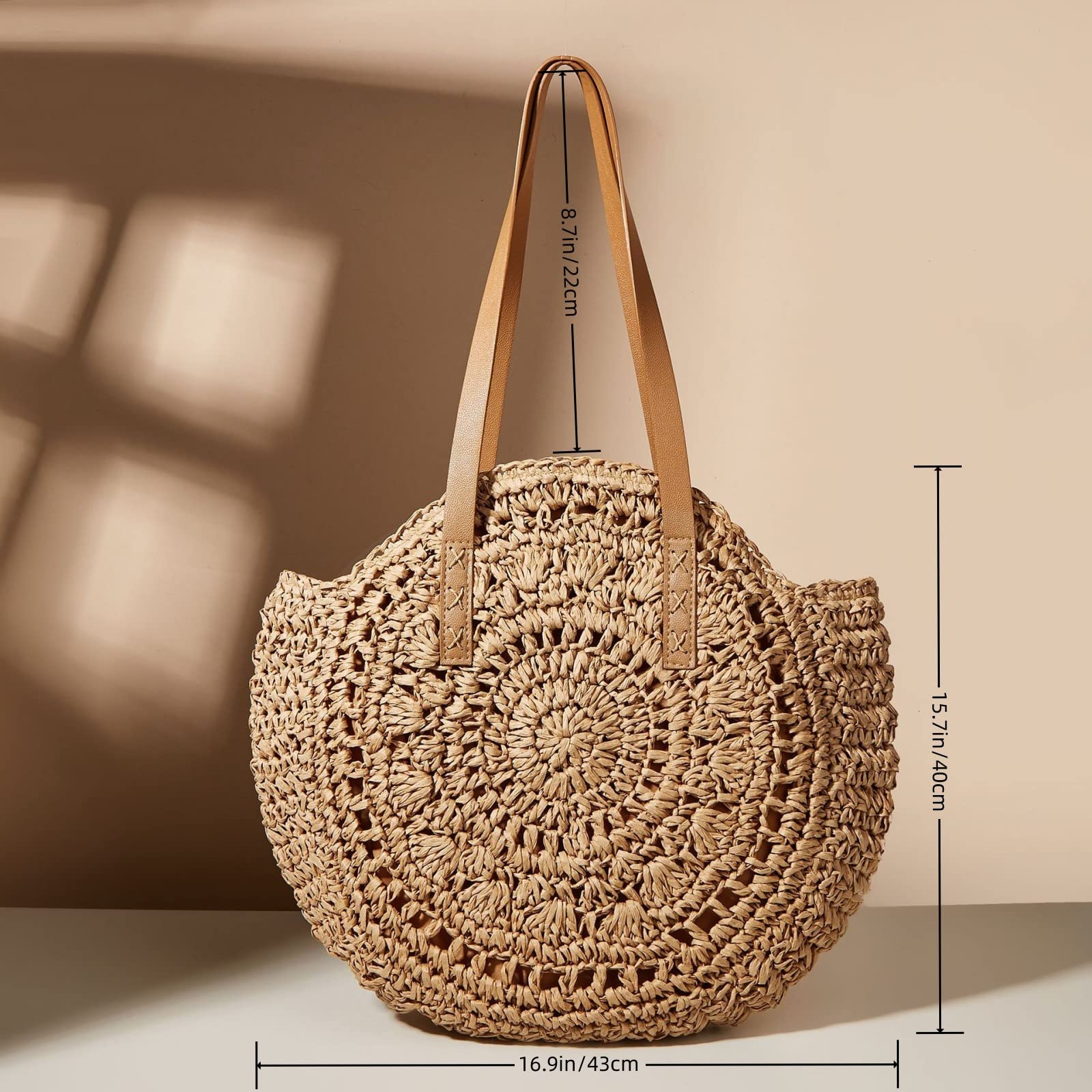 Straw Bag Women Handmade Shoulder Handbag Large Beach Bag Handwoven Round Tote Camel