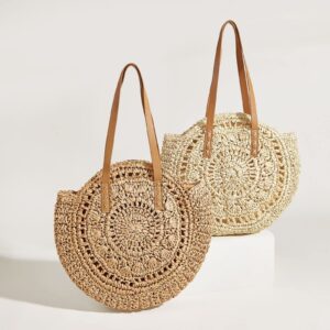 Straw Bag Women Handmade Shoulder Handbag Large Beach Bag Handwoven Round Tote Camel