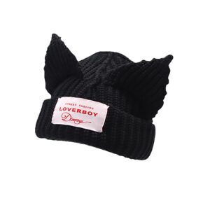 cat ear hat cute beanie hat knit wool cap warm slouchy crochet hat (black)