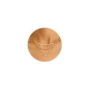 17 mile gold layered choker necklace for women, 14k real gold plated cz pendant necklace, dainty flat snake chain layering necklace