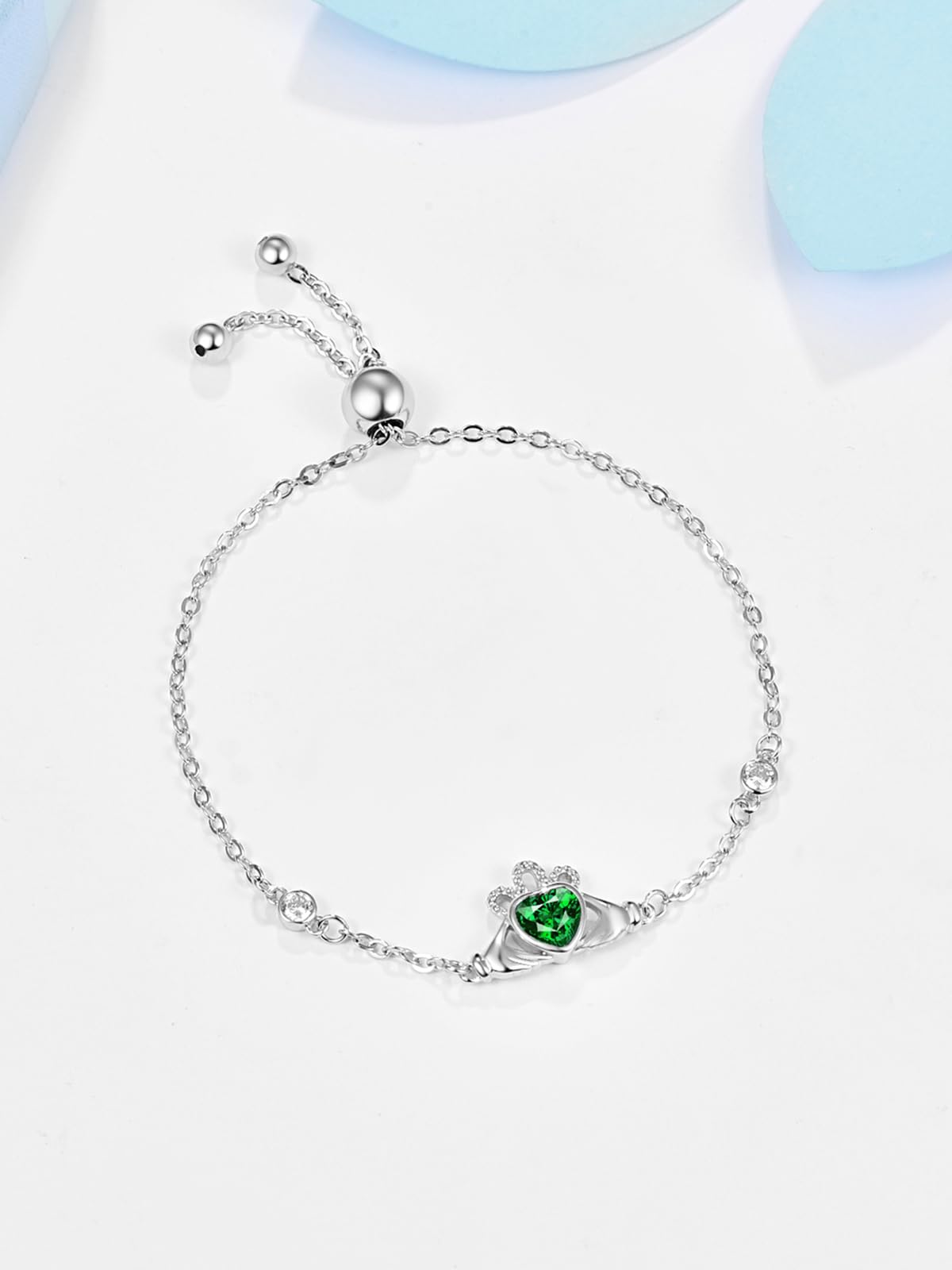 Dreamboat Claddagh Bracelet Irish Jewelry for Women Heart Bracelets Emerald Green Bracelets May Birthstone Bracelet Sterling Silver Adjustable Bracelets Birthday Gifts for Mom