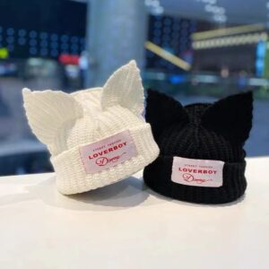 Cat Ear Hat Cute Beanie Hat Knit Wool Cap Warm Slouchy Crochet Hat (Black)