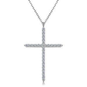 luxfine moissanite cross necklace for women, sterling silver diamond crucifix pendant, white gold plated iced out jewelry, metal, moissanite