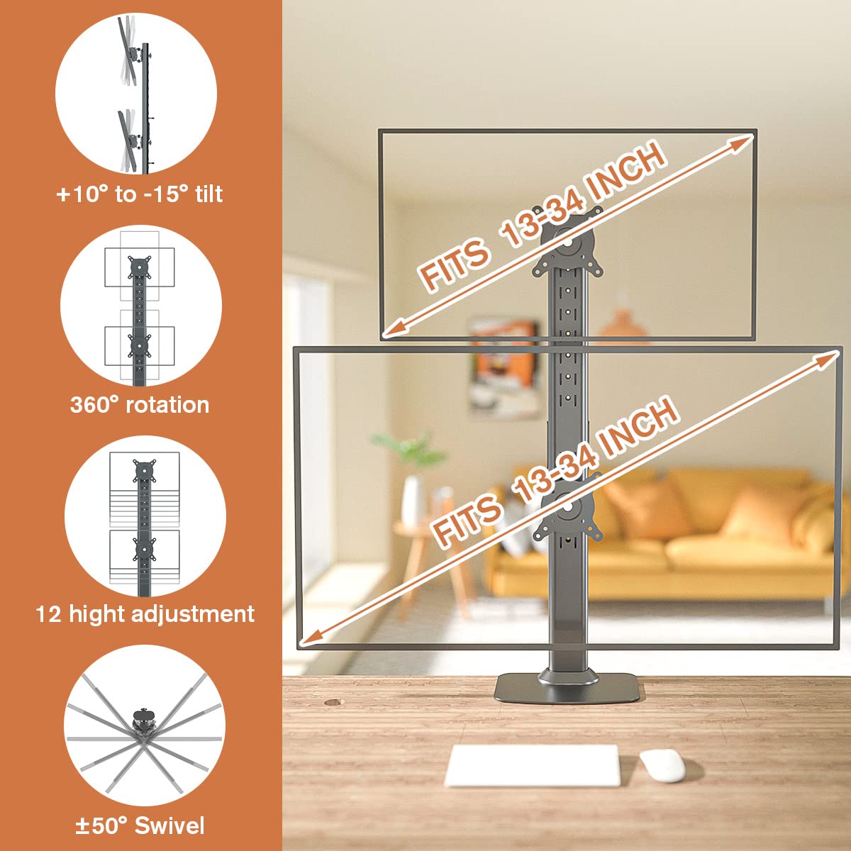 HEMUDU Dual Monitor Articulating Desk Mount Arm Stand - Vertical Stack Screen Supports Two 13 to 34 Inch & Monitor Mount Reinforcement Plate