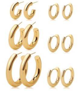 6 pairs gold hoop earrings set 14k gold plated huggie earrings hypoallergenic chunky twisted thick jewelry for multiple piercing christmas gift for women (6 pairs gold hoop style-04)