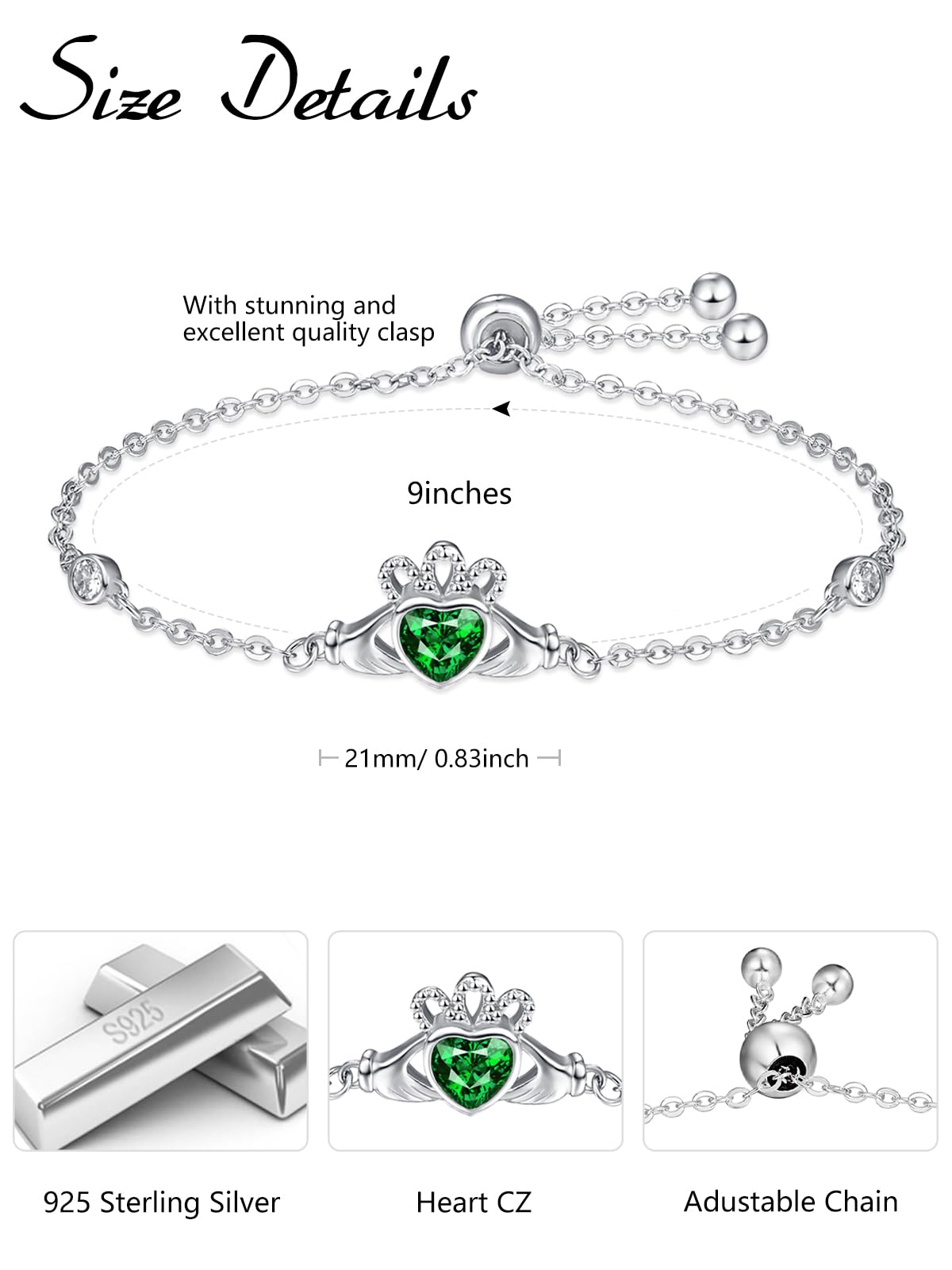 Dreamboat Claddagh Bracelet Irish Jewelry for Women Heart Bracelets Emerald Green Bracelets May Birthstone Bracelet Sterling Silver Adjustable Bracelets Birthday Gifts for Mom