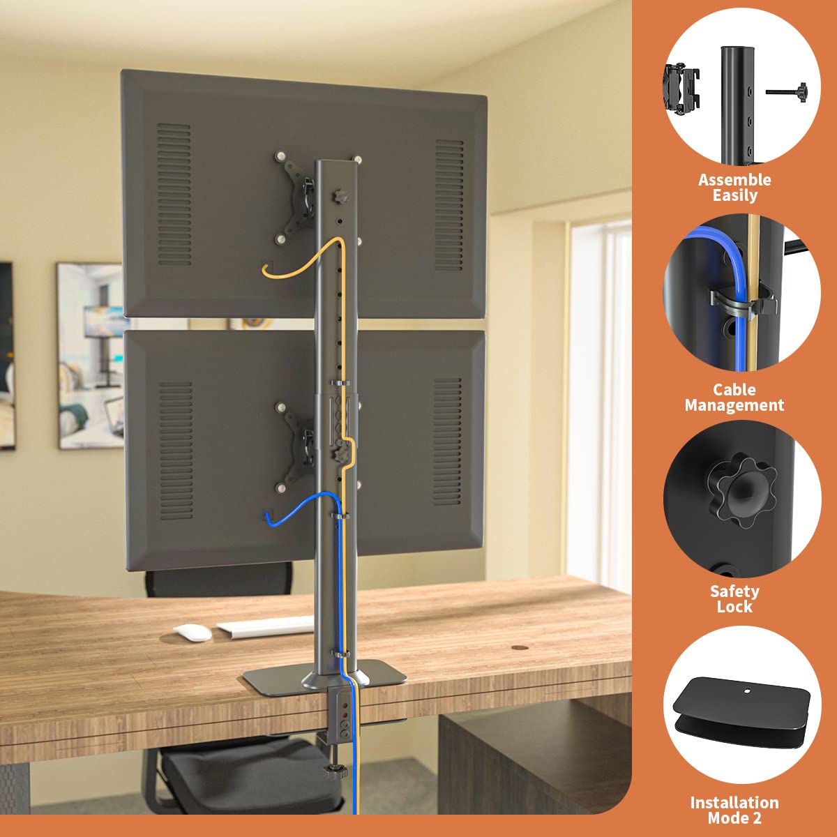 HEMUDU Dual Monitor Articulating Desk Mount Arm Stand - Vertical Stack Screen Supports Two 13 to 34 Inch & Monitor Mount Reinforcement Plate