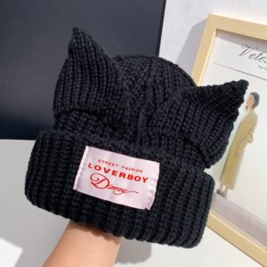 Cat Ear Hat Cute Beanie Hat Knit Wool Cap Warm Slouchy Crochet Hat (Black)