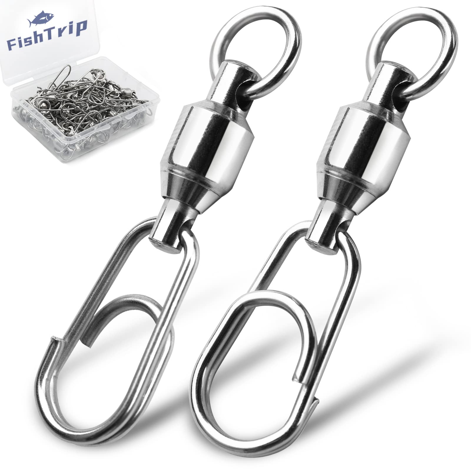 FishTrip 30Pcs Ball Bearing Fishing Swivels with Oval Split Ring, Stainless Steel Snap Swivel Saltwater,Heavy Duty Terminal Tackle Connector (4#)