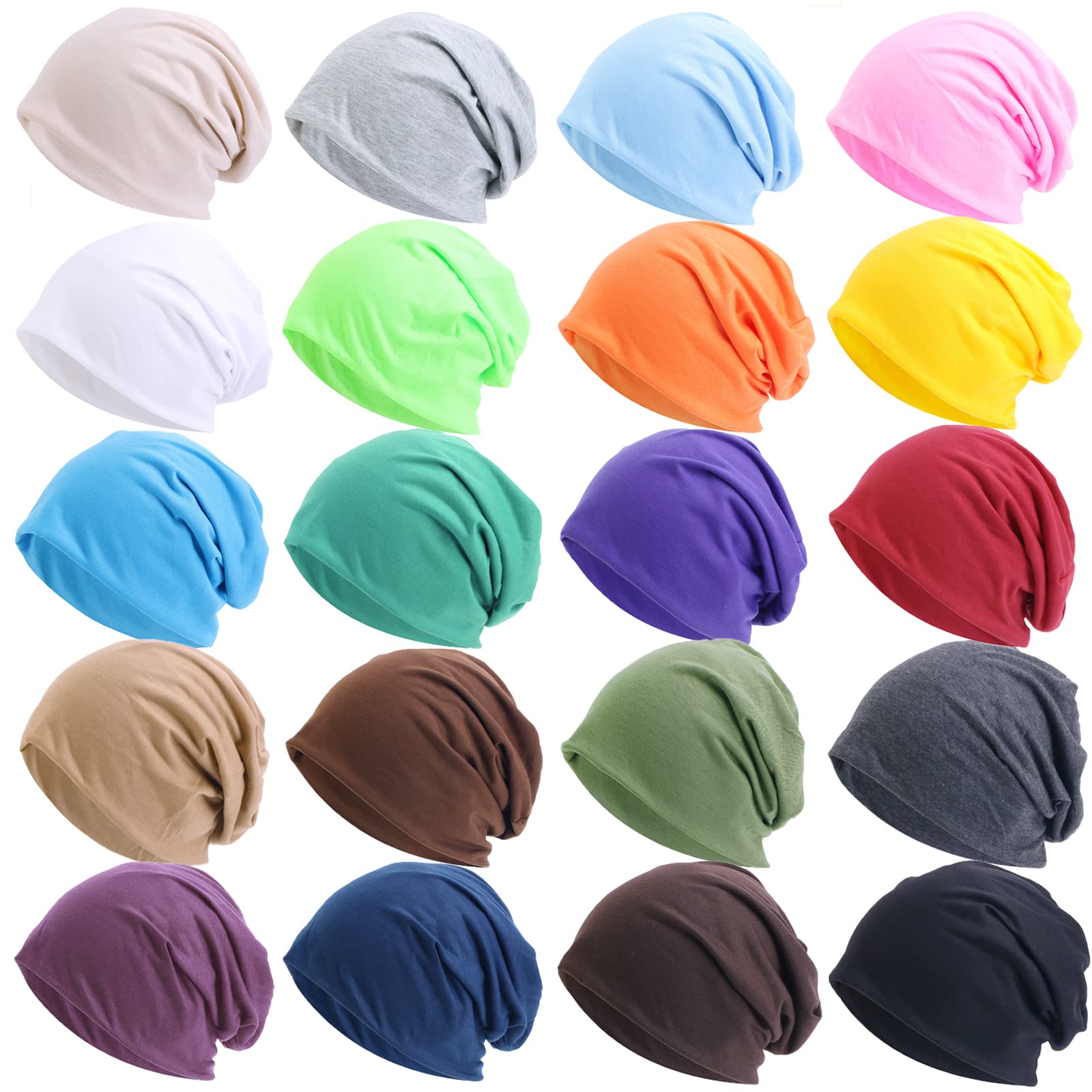 Tergy 20pcs Unisex Beanie Hats for Men Women Slouchy Beanie Hip-Hop Caps Lighweight Soft Skull Caps for Chemo Sleep Solid Color