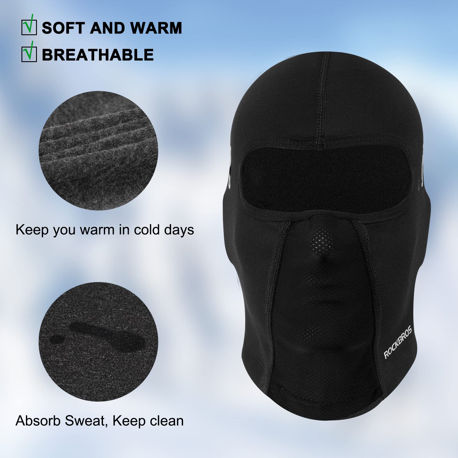 ROCKBROS Ski Mask for Men Women Winter Balaclava Ski Mask Under Helmets with Glasses Holes Thermal Fleece for Cold Weather