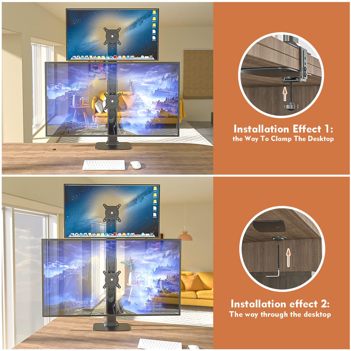 HEMUDU Dual Monitor Articulating Desk Mount Arm Stand - Vertical Stack Screen Supports Two 13 to 34 Inch & Monitor Mount Reinforcement Plate