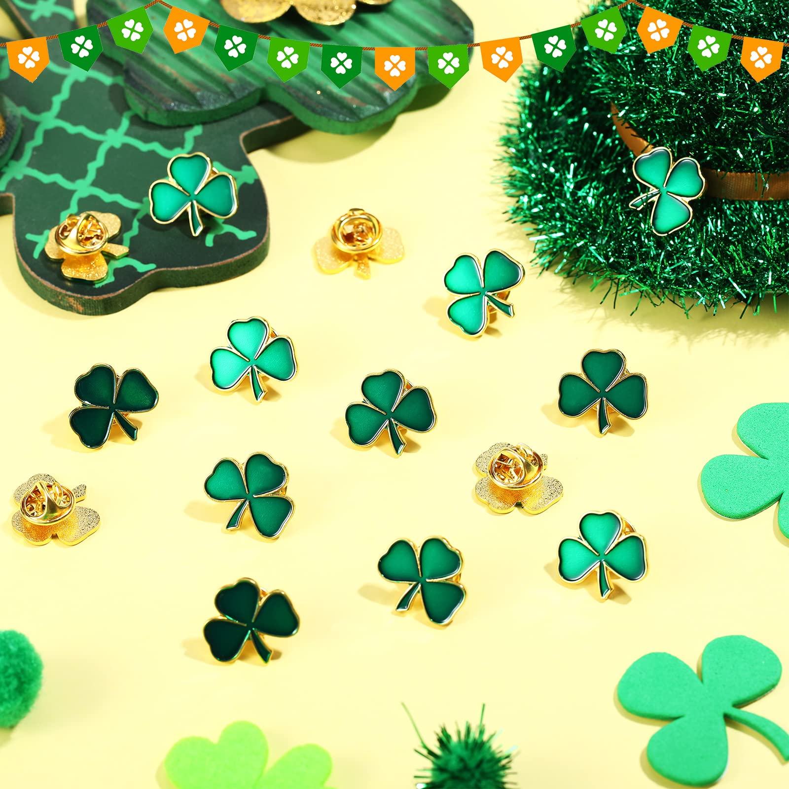 MTLEE 100 Pcs St. Patrick's Day Pin Shamrock Lapel Pins Bulk Lucky 3 Leaf Clover Enamel Tie Brooches for Women Men Kids