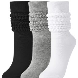 JOCMIC 3 Pairs Slouch Socks Women Extra Long Knee High Scrunch Socks Size 6-11 Black+White+Grey