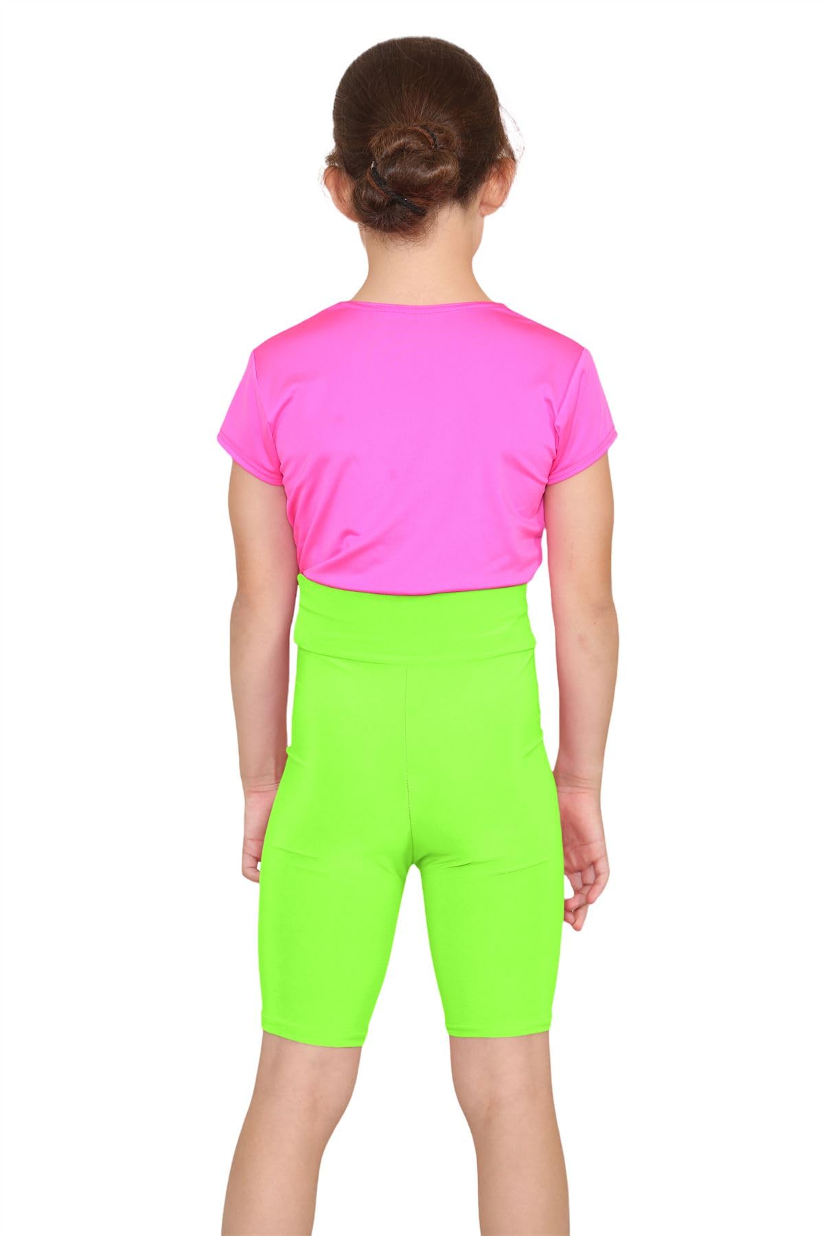 Janisramone Girls High Waisted Cycling Shorts Kids Plain Microfiber Gymnastics Dance Shorts Neon Green